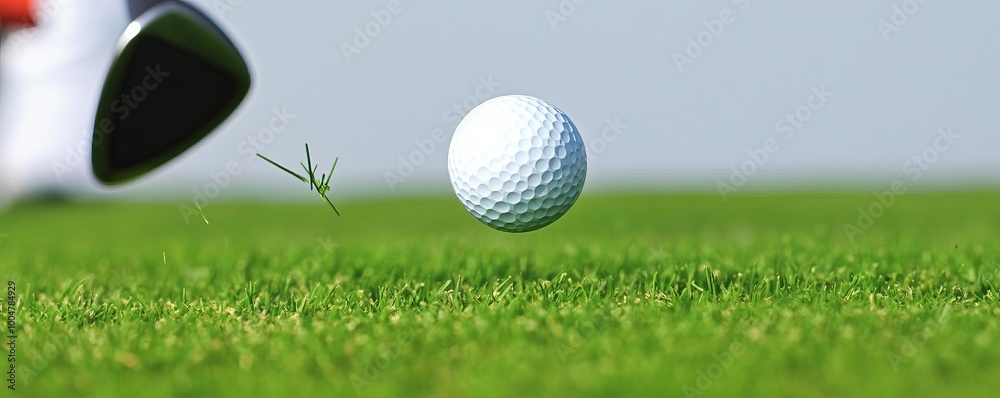 Golf ball mid-air after impact, grass blades flying, the club still in ...