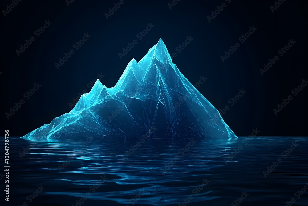 Abstract digital iceberg. Water surface on a dark night background. Ice ...