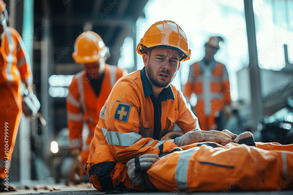 Colleague urgently calls for ambulance while administering first aid at ...