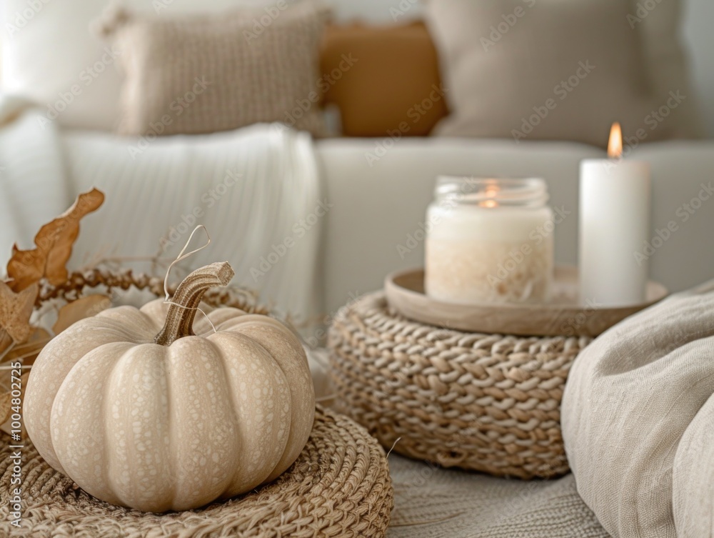 Neutral fall decor featuring a woven straw pumpkin, beige fabric ...