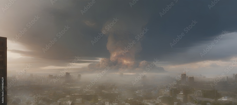 Nuclear explosion of an atom bomb with a mushroom cloud causing an ...
