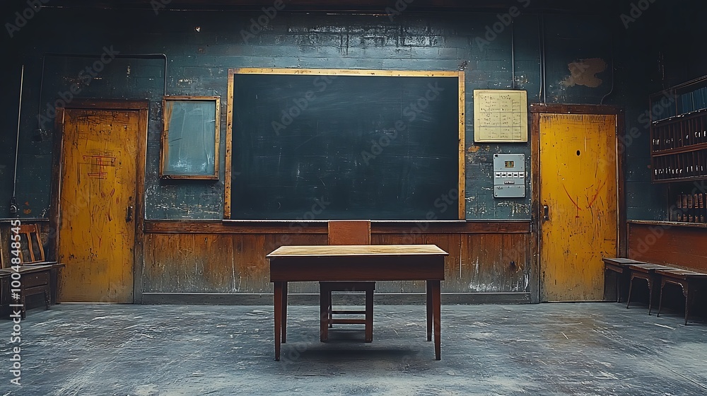 Empty vintage classroom with chalkboard, desk, and chairs. Nostalgia ...