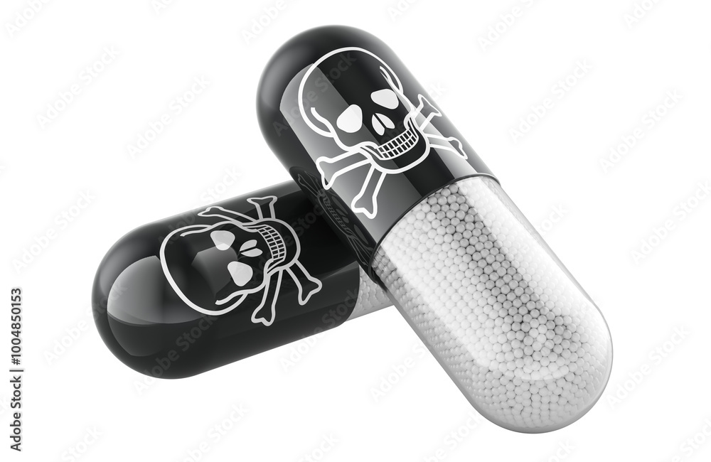 Pill capsules with poison. Poison capsules. 3D rendering isolated on ...
