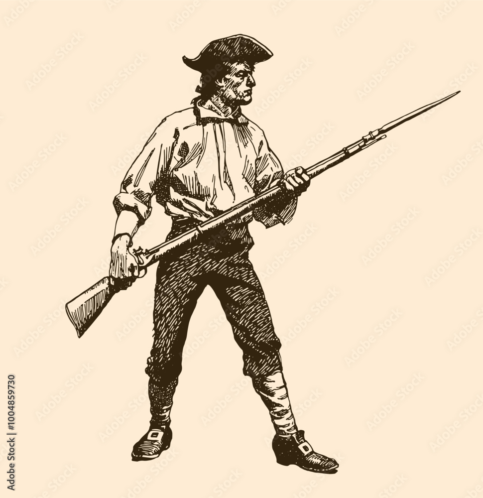 American Patriot during the American Revolutionary War holding muzzle ...