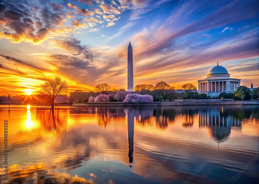 Serene Dawn Over Washington Monument and Jefferson Memorial, Capturing ...