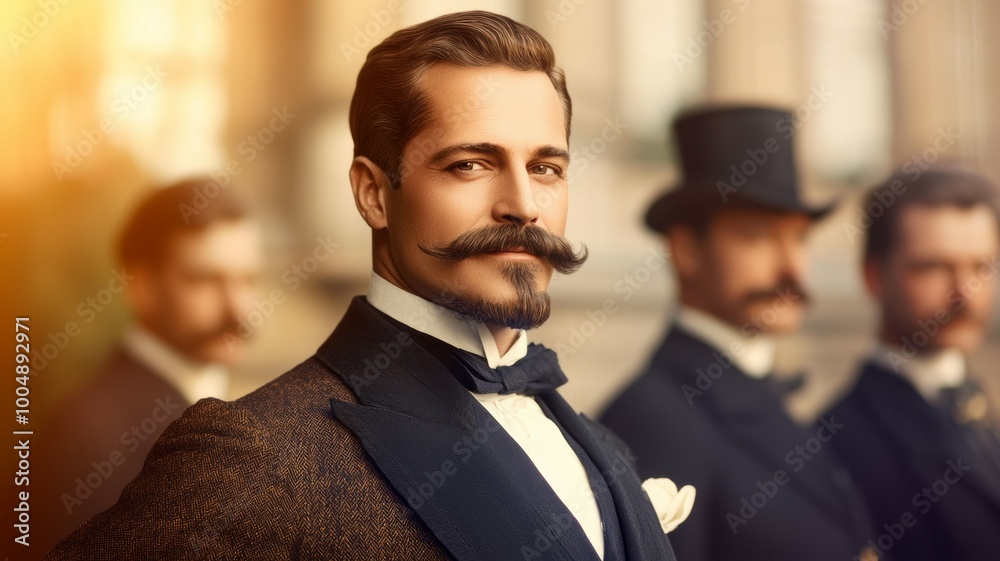 A man with a mustache and a top hat poses for a photo with two other ...