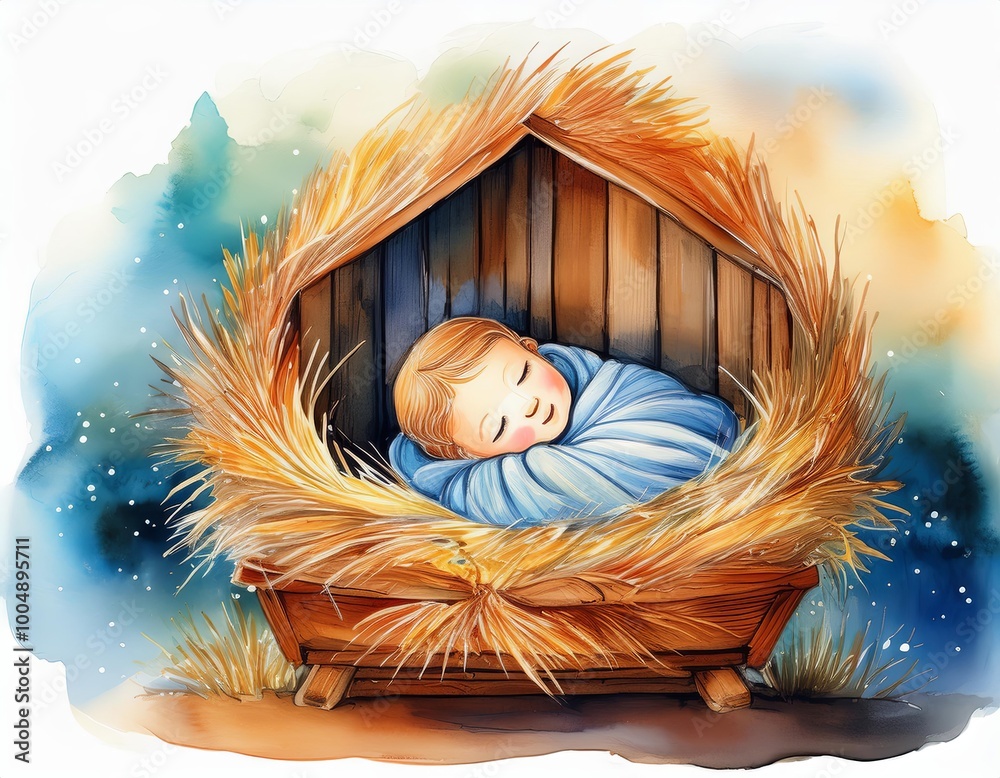 Baby Jesus sleeping in manger. Little son of god after birth on ...