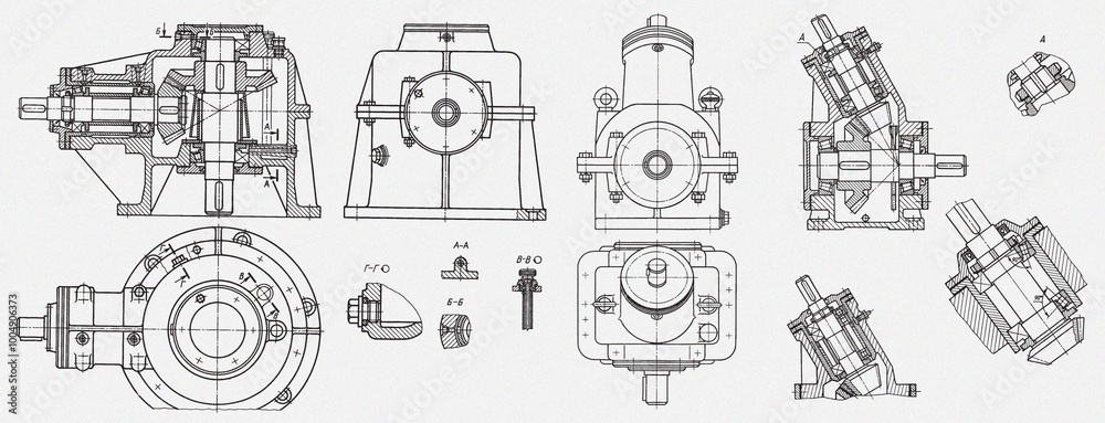 Engineering mechanical pencil drawing of steel devices (reducer ...