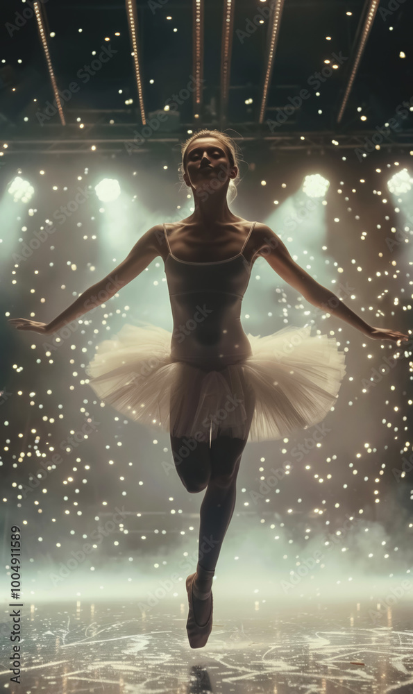 beautiful ballet dancer woman at dark stage with illuminated backlight ...