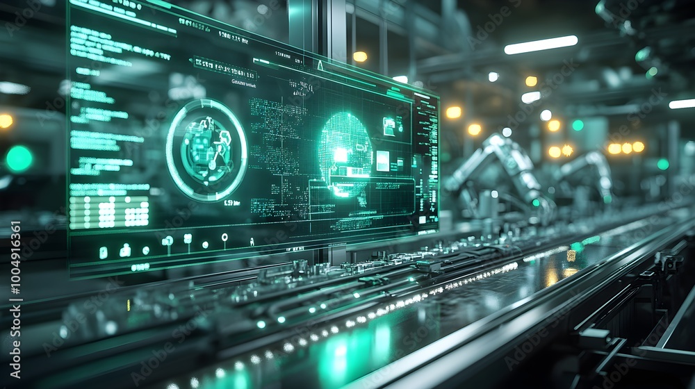 Holographic chart displaying food safety data above a conveyor belt ...