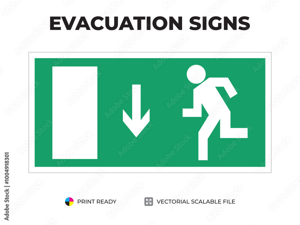 Emergency exit sign. Direction to the evacuation exit sign. Down, left ...