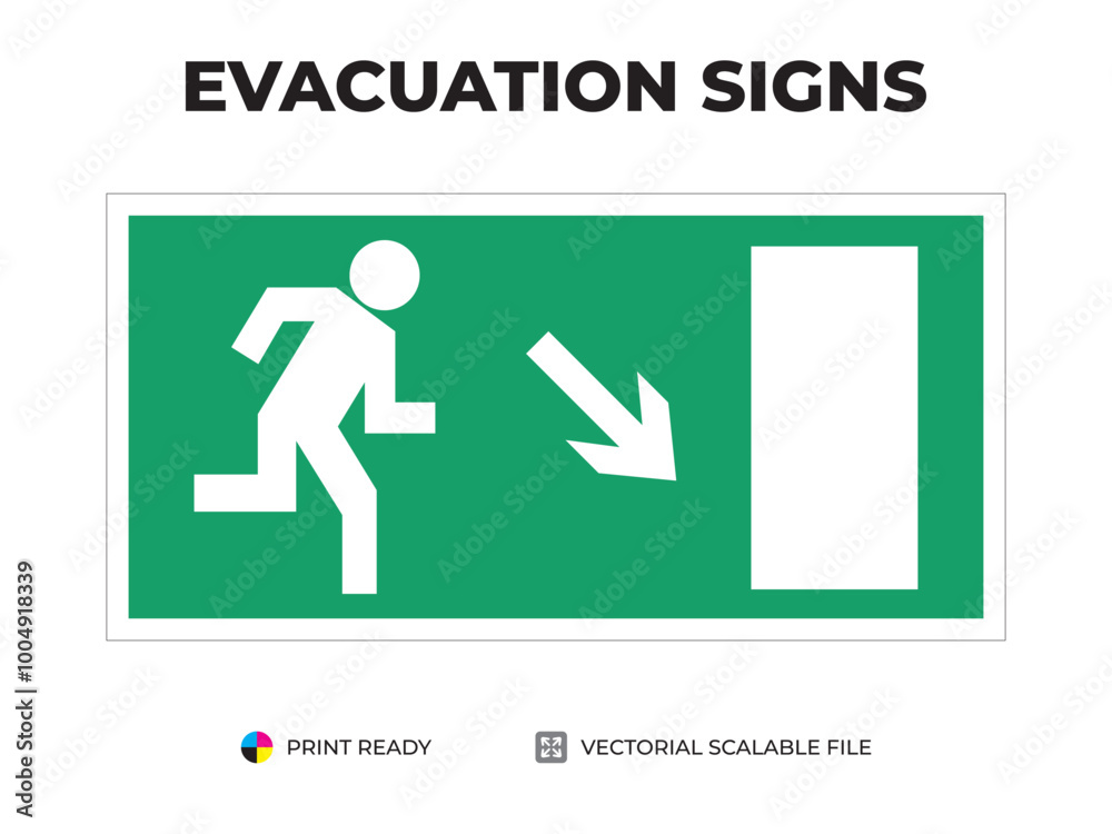 Emergency exit sign. Direction to the evacuation exit sign. Down ...