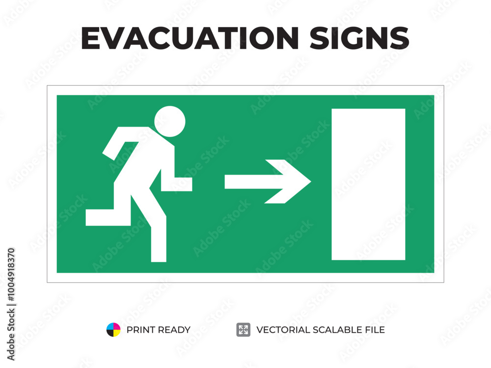 Emergency exit sign. Direction to the evacuation exit sign. Right ...