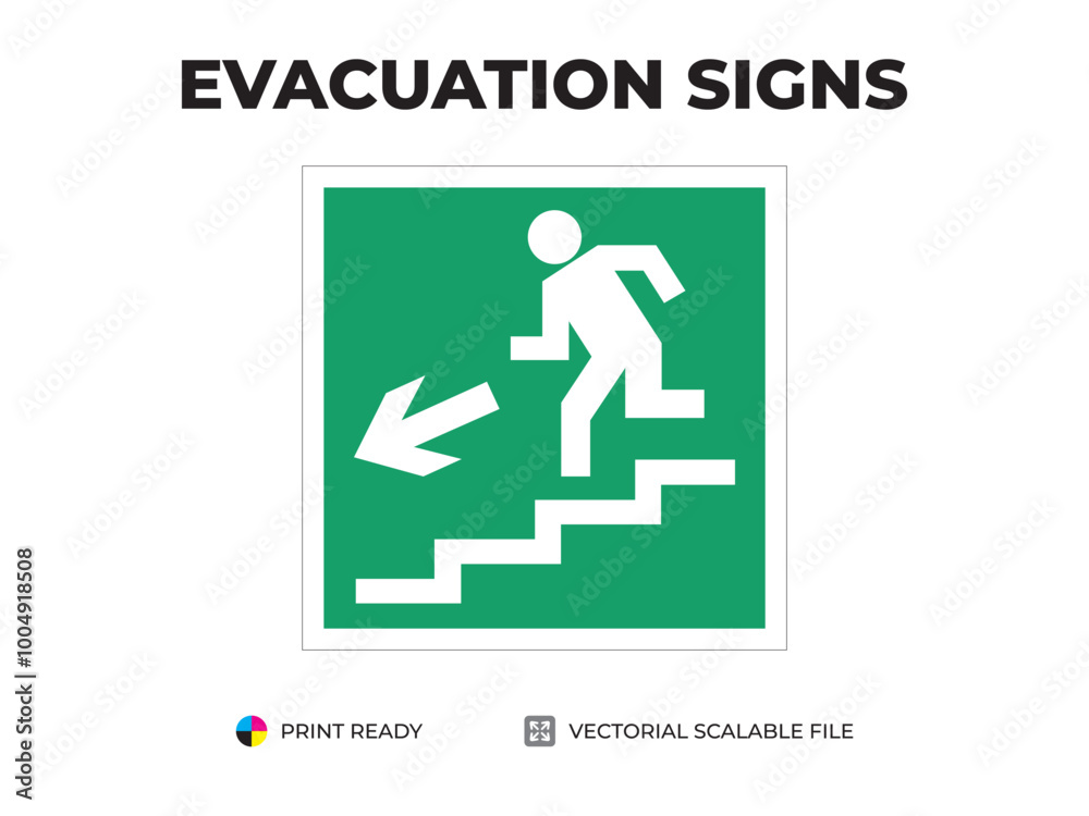 Emergency exit sign. Direction to the evacuation exit sign. Down the ...