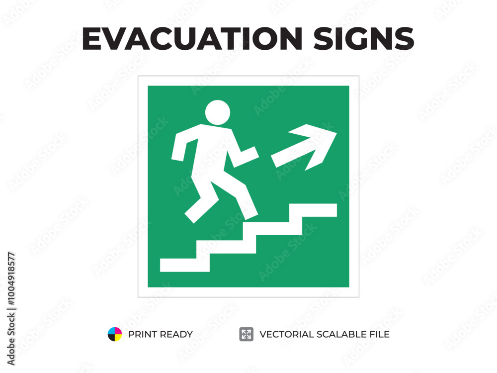 Emergency exit sign. Direction to the evacuation exit sign. Up the ...