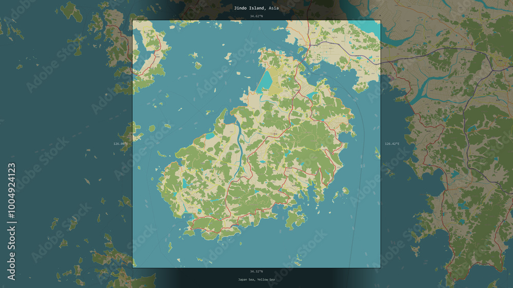 Jindo Island, South Korea, highlighted and labelled. Topo Humanitarian ...