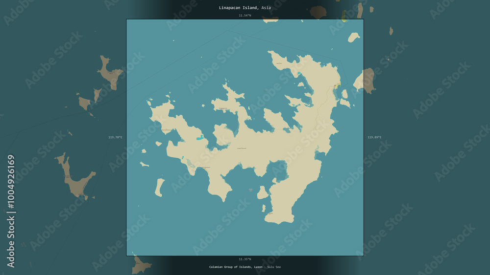 Linapacan Island, Philippines, highlighted and labelled. Topo ...