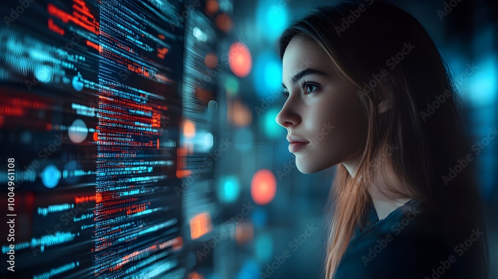 Female IT student analyzing code with augmented reality interface, layers of data and ...