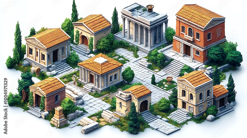 Isometric Illustration of Ancient Greek City with Buildings and ...