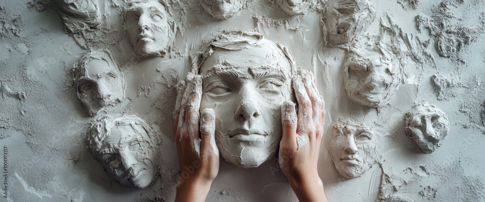 Sculpting Identity: Hands gently cradle a central clay face, surrounded ...