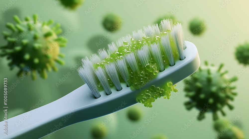 Upclose view of a toothbrush infested with cartoonish green bacteria ...