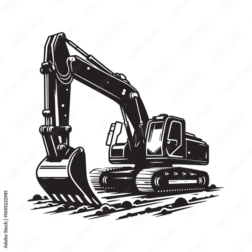 Excavator Digging in Classic Black and White Illustration, Classic ...