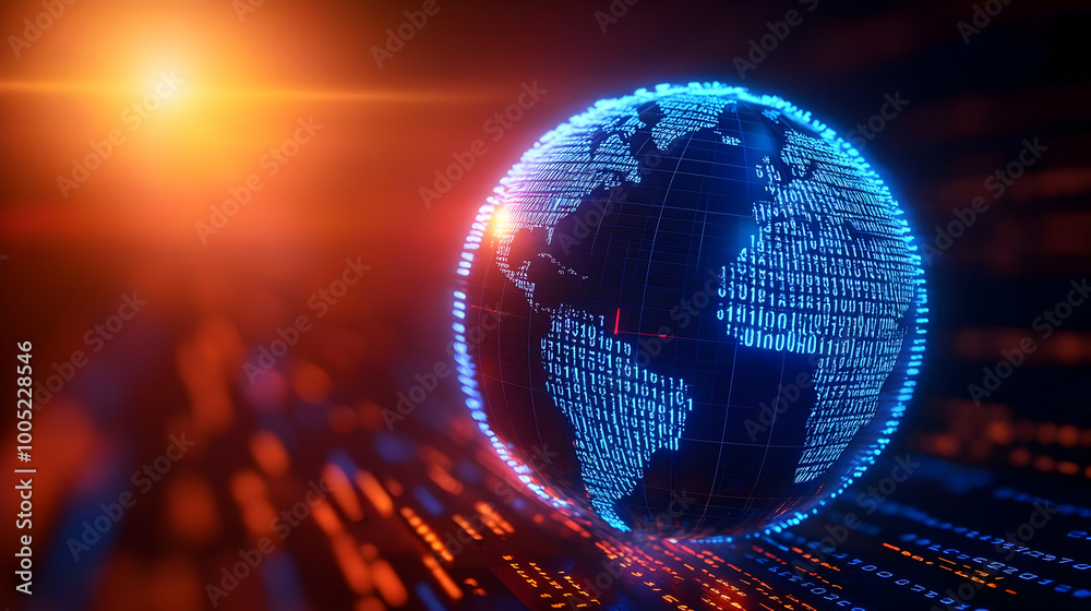 Digital globe with binary code, glowing blue lights, and warm background, representing global ...
