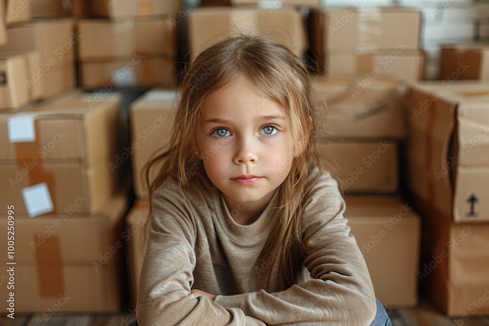 Sad girl sits on wooden floor surrounded by cardboard boxes in new home ...