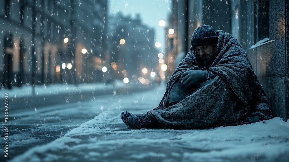 Generative AI Image of Homeless Person with Blanket Sitting on Snowy ...