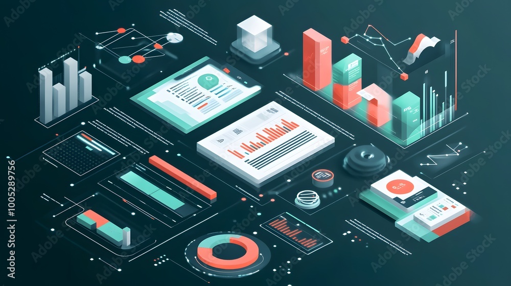 Vector graphics of a complex data chart in an isometric perspective ...