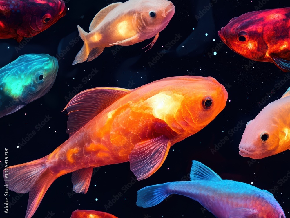Bioluminescent fish of all shapes and sizes, showcasing the ...