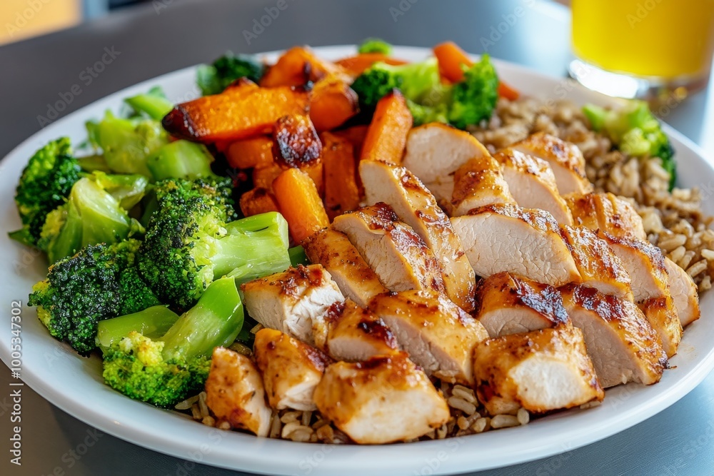 A balanced plate for diet control, with lean turkey, roasted vegetables ...