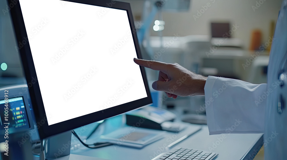 Doctor's hand pointing to computer screen showing patient's health test ...