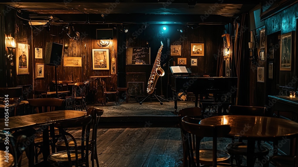 Dimly lit jazz bar with wooden tables, chairs, and a stage with a grand ...