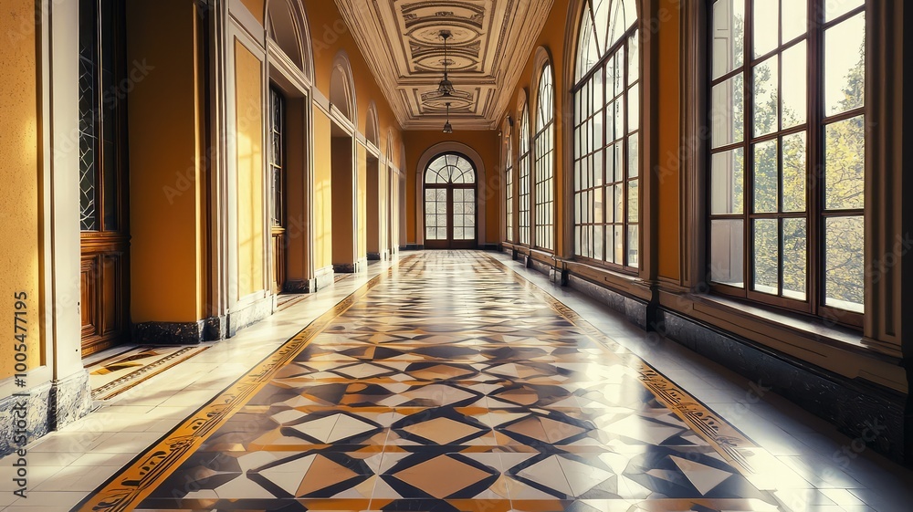Elegant corridor with intricate floor tiles and large windows ...
