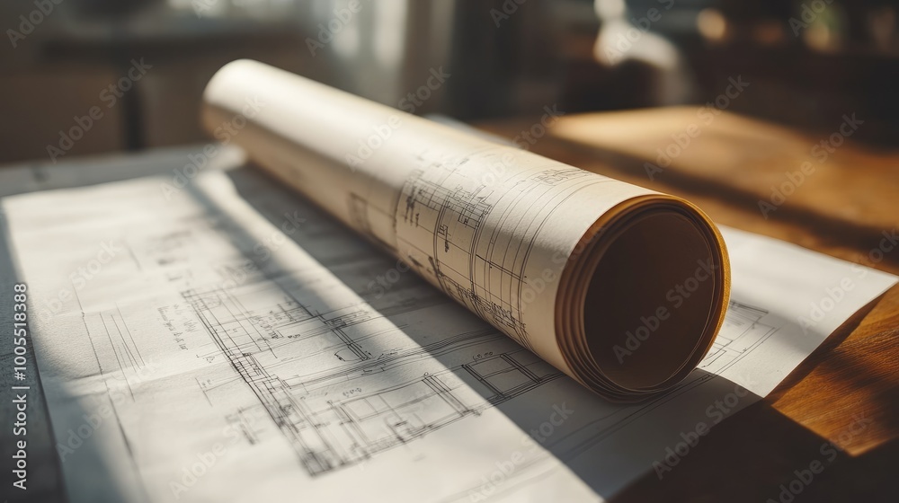 Rolled-up blueprint paper with detailed architectural drawings, perfect ...