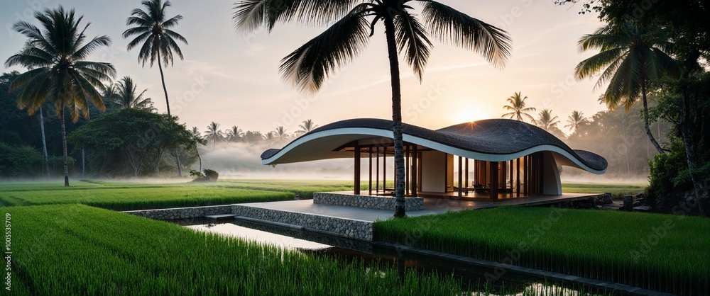 tropical landscape featuring a unique, modern-style house with a curved ...