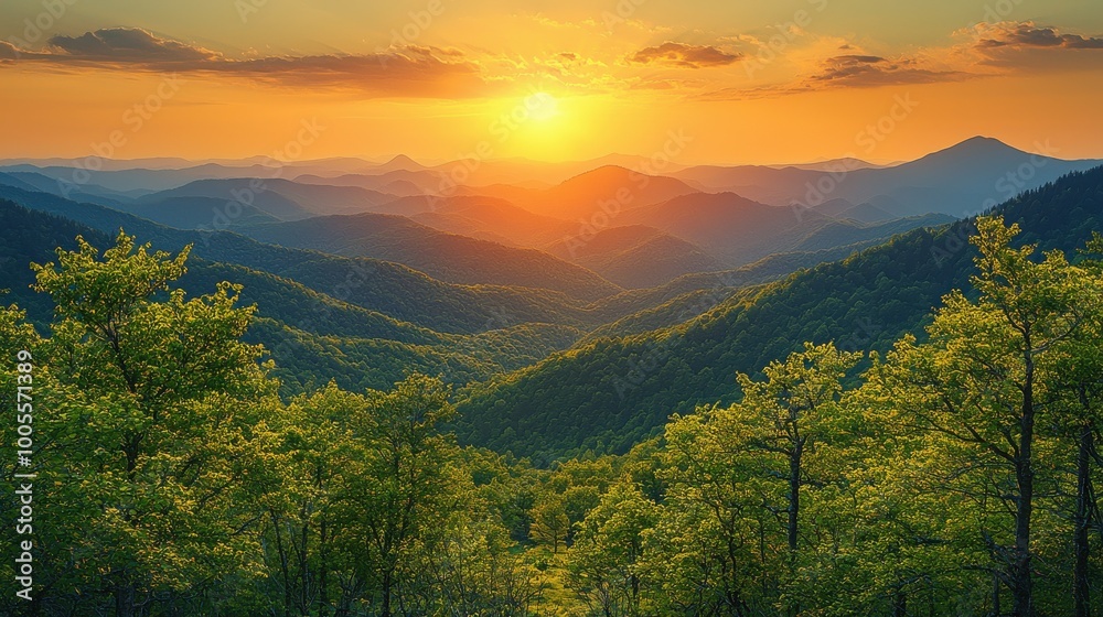 Breathtaking sunset over rolling green mountains in the Appalachian ...