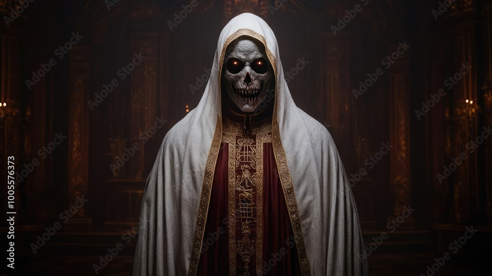 A demonic figure covered in the guise of a holy priest, presenting a ...