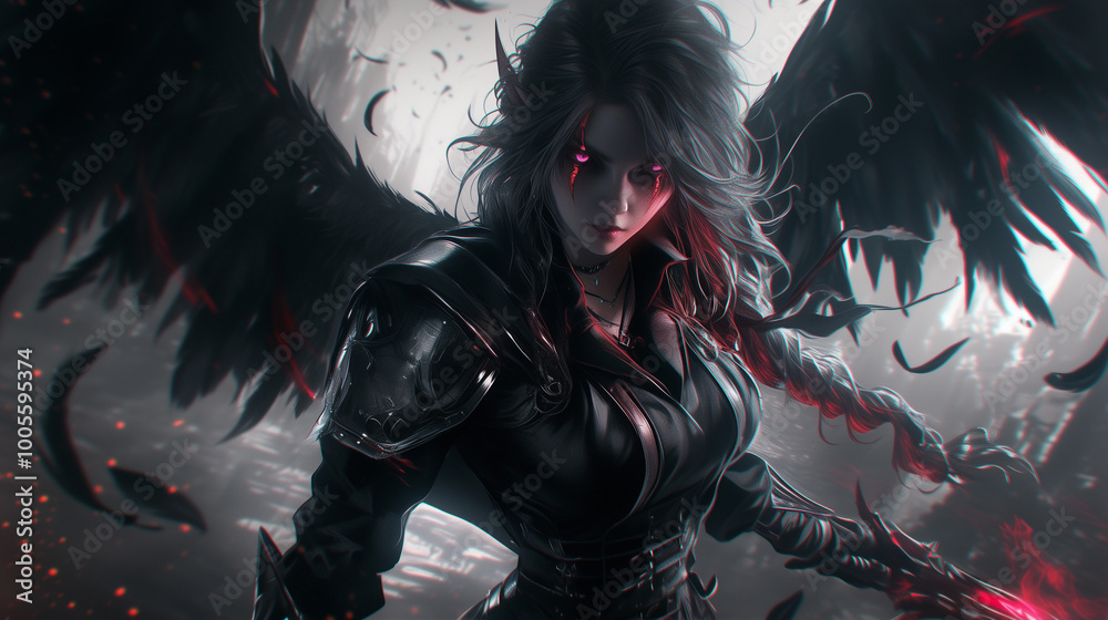 female fallen angel in a battle stance, her eyes glowing red against a ...