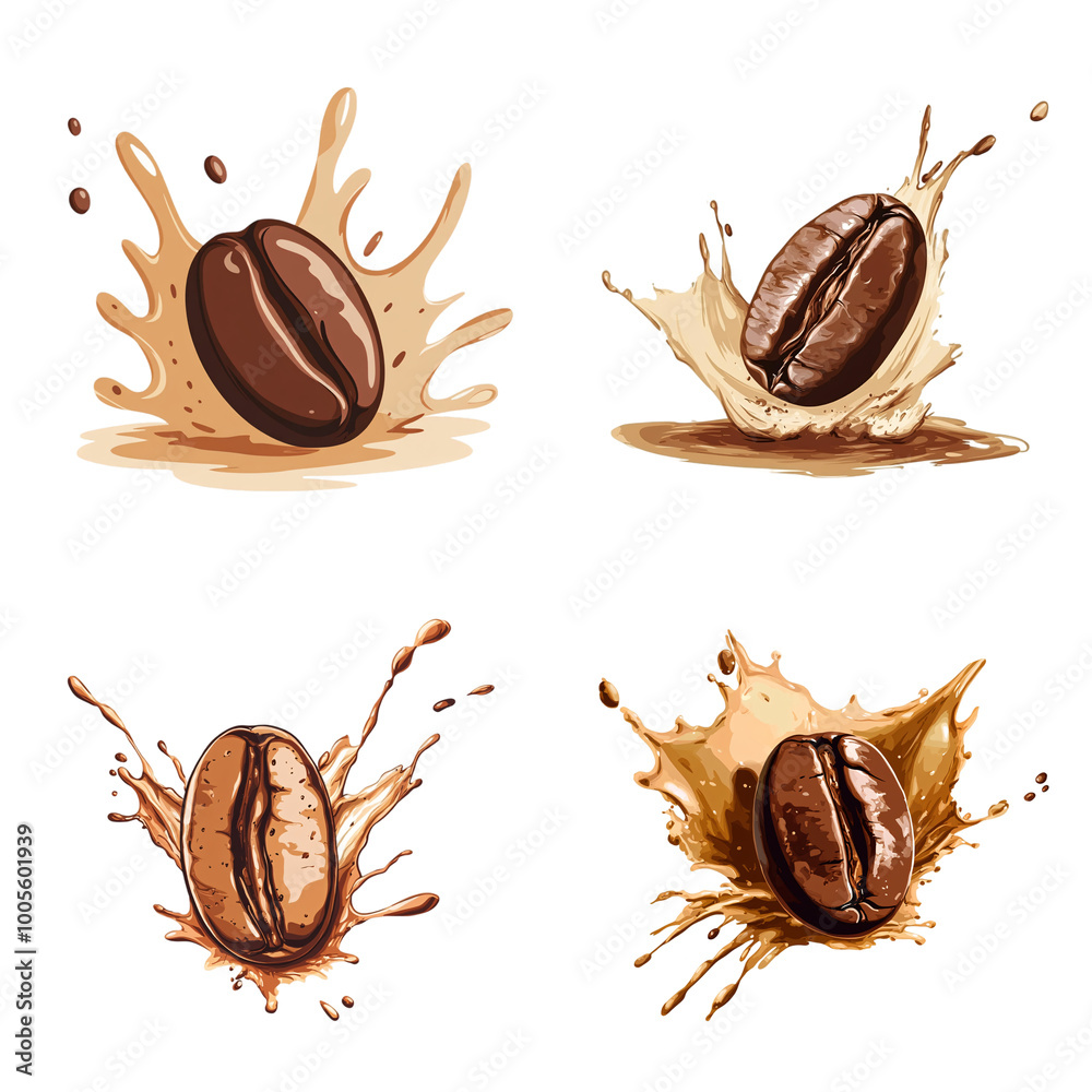 roasted coffee bean with coffee splash clipart illustration collection ...