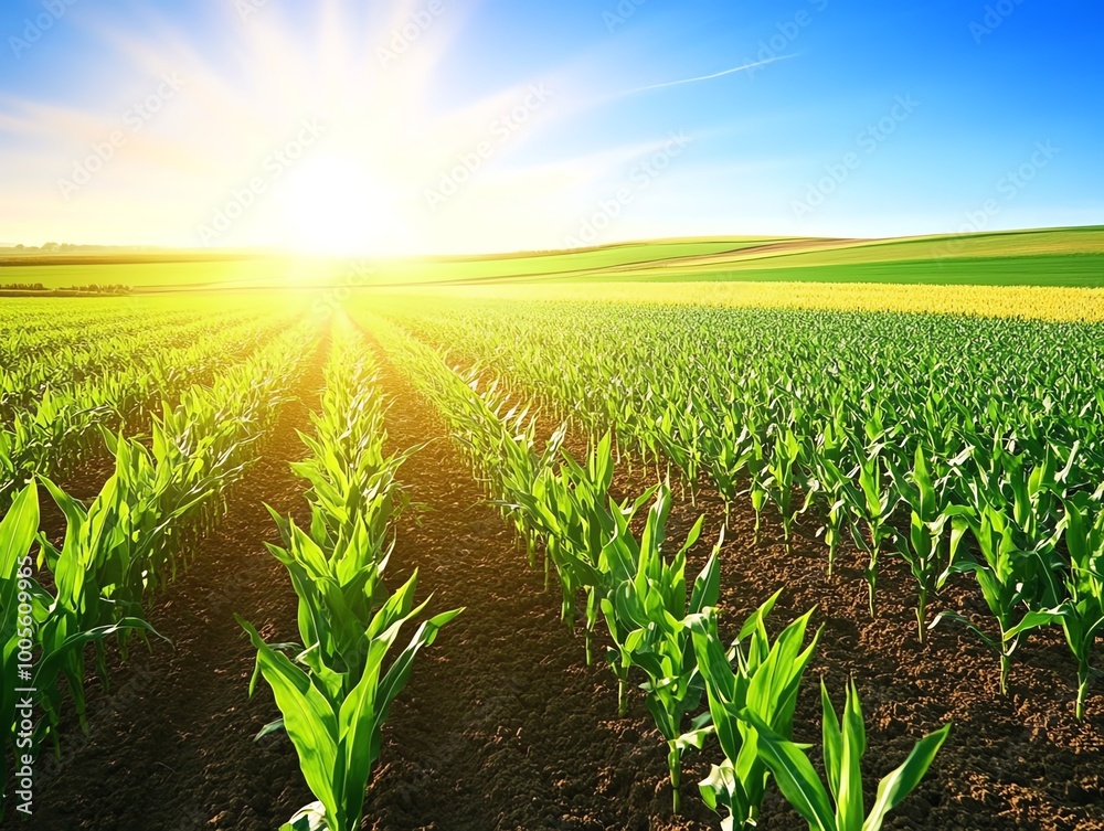 Sunrise over a field of green corn plants. Stock Photo | Adobe Stock