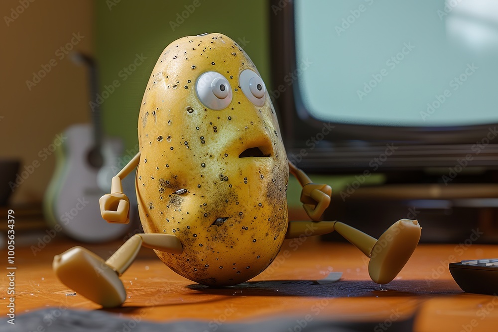 Surprised potato with eyes and feet in a living room Stock Illustration ...