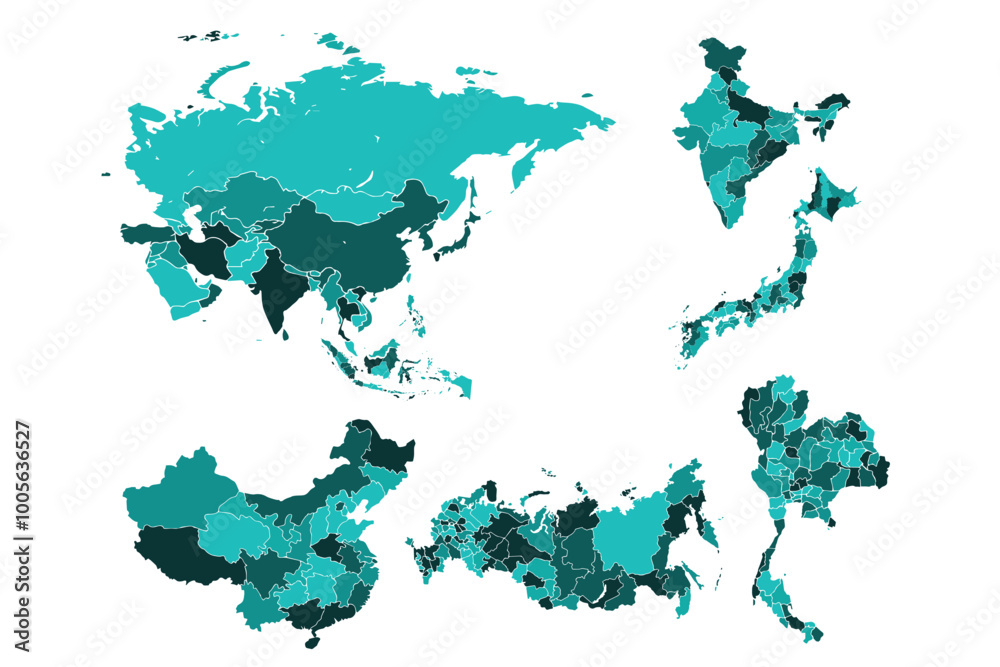 Map of Asia.India, Japan, Thailand, China, Russia. Stock Vector | Adobe ...