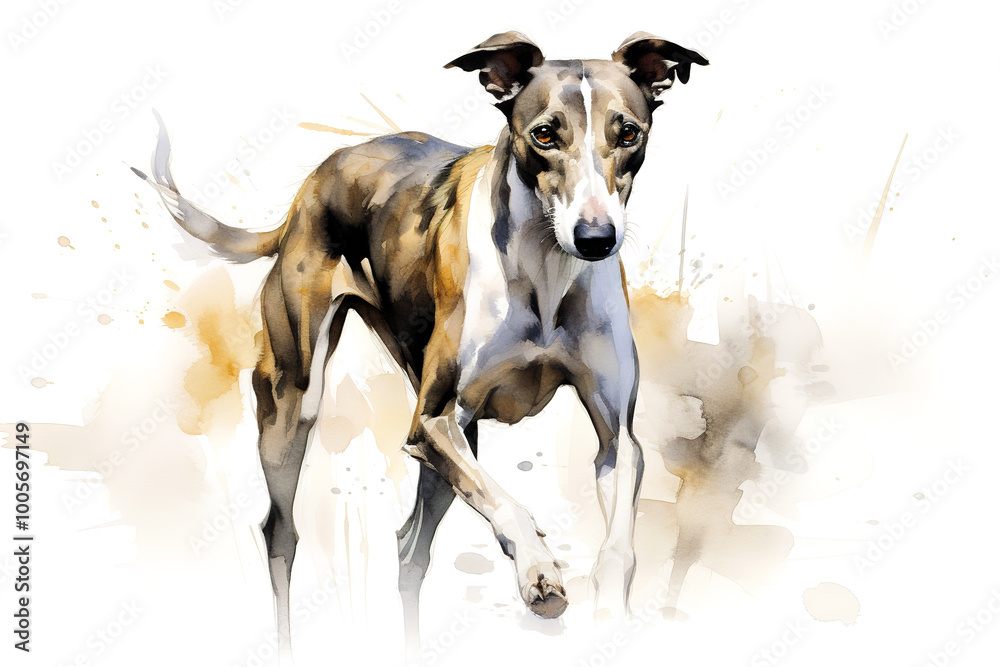 A dynamic watercolor painting of a greyhound, capturing its grace and ...