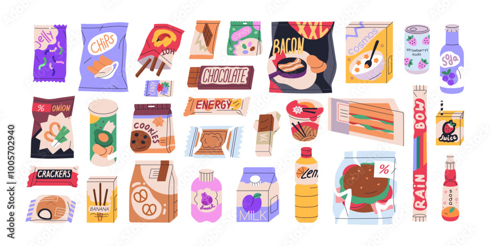 Snacks in packages set. Fast junk food and drink products in packets ...