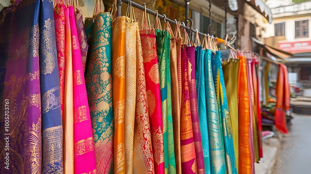 A vibrant display of colorful silk sarees hanging in an Indian market ...