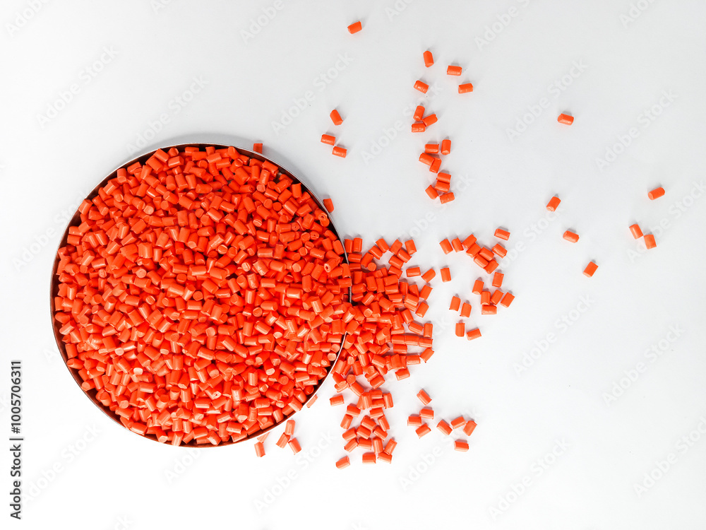 Red masterbatch granule, red pigment, red granules in a cup, cold ...