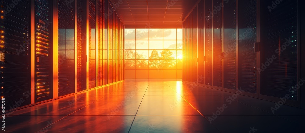 Sunset Illuminating Modern Data Center with Rows of Server Racks and ...
