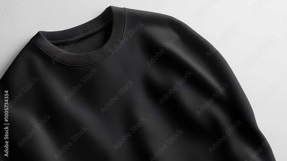 Black sweatshirt lying flat with a smooth chest area, subtle sleeve ...